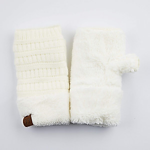 C.C Fingerless Gloves Fuzzy Lined Knit Wrist Warmer Solid Ribbed Glove (FLG-25) (Ivory)