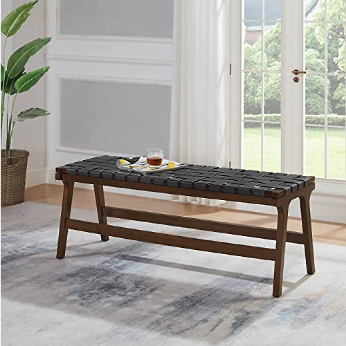 Ball & Cast Faux Leather Woven Dining Bench Breathable Weave Entryway Bench for Bedroom, 48 in Dark Grey