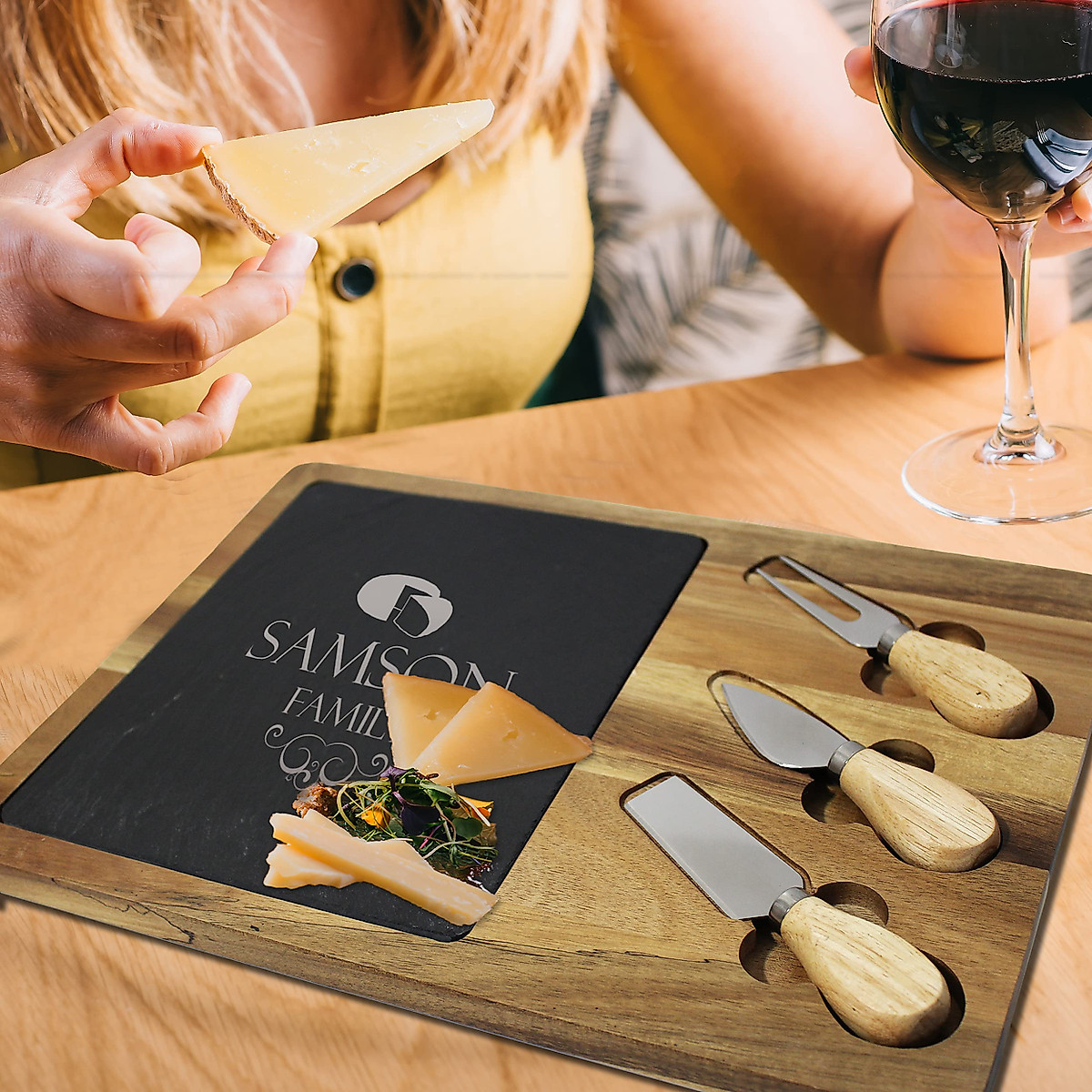 My Personal Memories Premium Personalized Acacia and Slate Cheese and Charcuterie Serving Board with Tools Included (Rectangle 10" x 14")