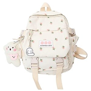 Aesthetic Kawaii Backpack with Kawaii Pendants for School Cute Mini Backpack Flowers Japanese School Bag for Teen Girls (White)