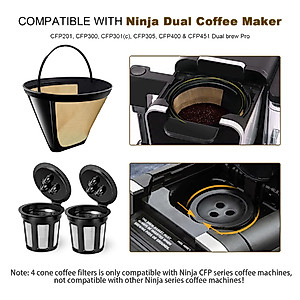 Reusable Coffee Filter for Ninja Dual Brew Coffee Maker,2 Pcs Reusable K cups Coffee Pods and 1 pcs Coffee Maker Filter #4 Compatible with Ninja CFP301 CFP201 CFP400 Coffee