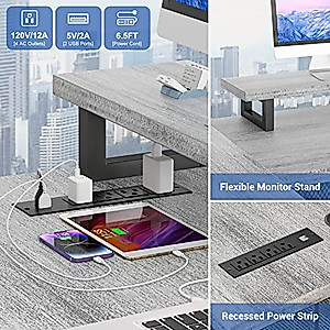 Unikito U Shaped Computer Desk with Power Outlet and LED Strip, Reversible L Shaped Office Desk with Monitor Stand and Bookshelf, Modern U- Shape Corner Desk, 130 Inch 2 Person Gaming Table, White Oak