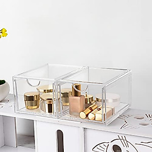 AMEITECH Stackable Cosmetic Organizer Drawers, Acrylic Clear Makeup Organizer, Vanity Container Drawer for Cosmetics, Skin Care, Hair Accessories, Bathroom Counter or Dresser - Set of 2