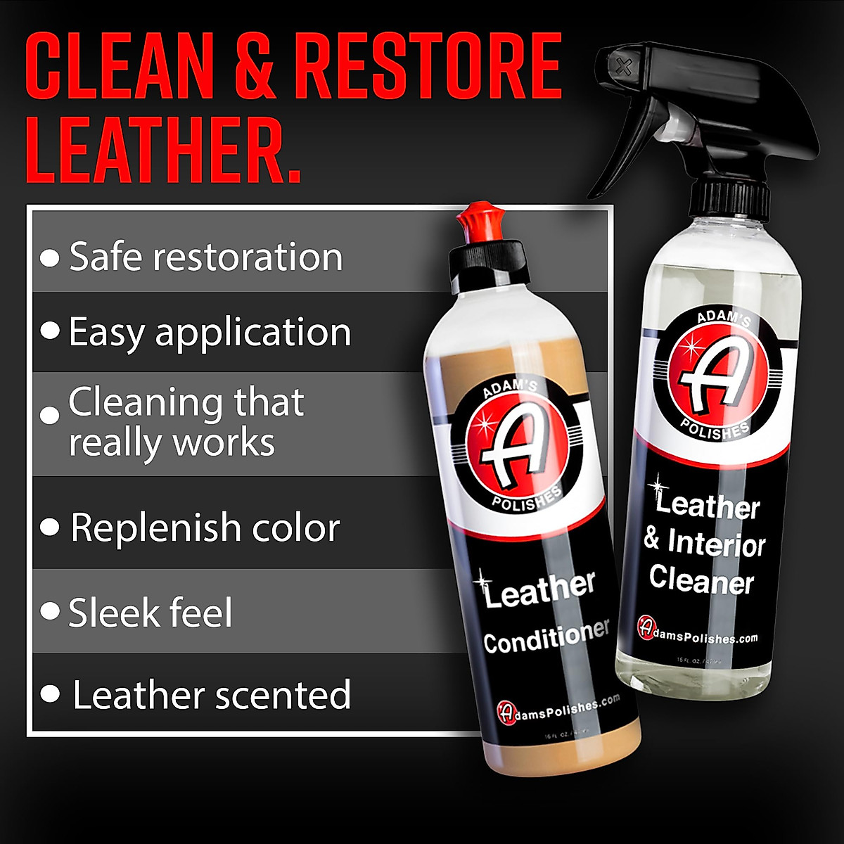 Adam's Polishes Leather Care Kit - Leather Cleaner & Leather Conditioner Car Cleaning Supplies | UV Protection for Interior Accessories Steering Wheel Seat Dash Vinyl Shoe Polish Jacket