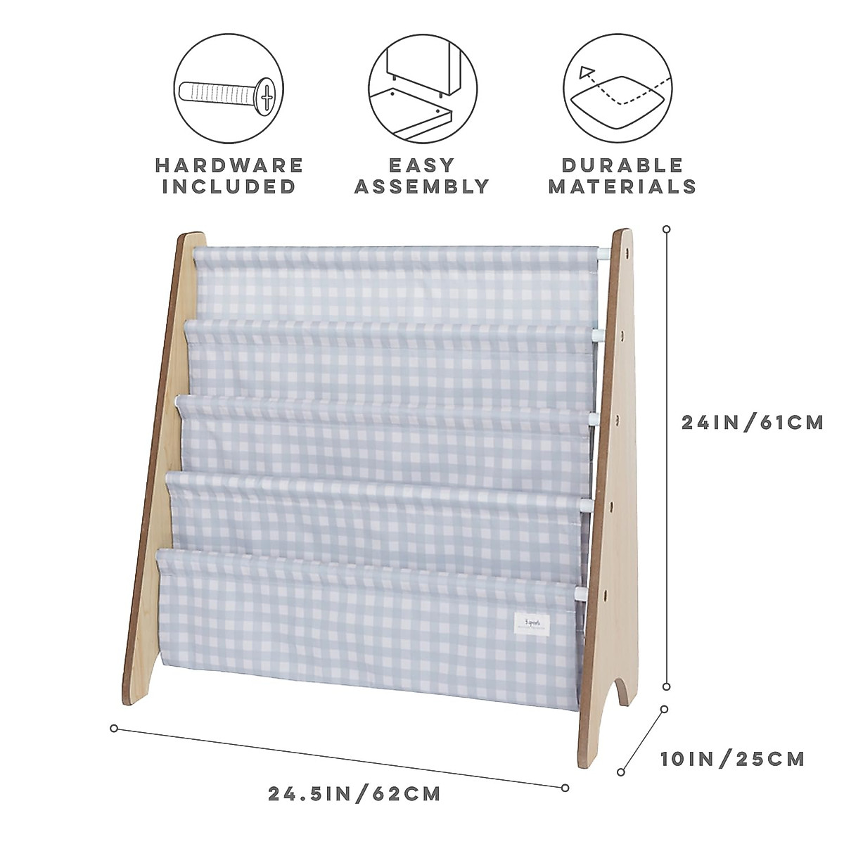 3 Sprouts Recycled Fabric Kids Bookshelf – 4-Tier Sling Book Rack Storage - Kids Room Book Shelves, Nursery, Playroom, Classroom - Bookcase Display Shelf for Toddler, Children Age 3+ - Gingham Blue