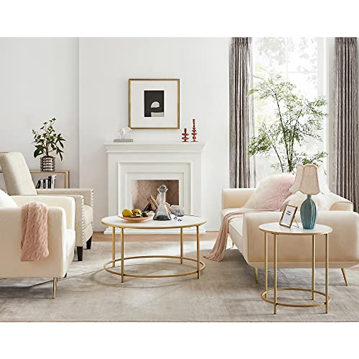 VASAGLE Round Side Table, End Table with Metal Frame, Small Coffee Accent Table, Nightstand, Bedside Table, Easy Assembly, for Living Room, Bedroom, Modern Style, Gold and White ULET282A10