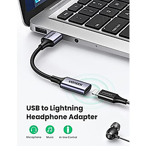 UGREEN USB A to Lightning Audio Adapter Cable MFi Certified Nylon Braided USB 3.0 Male to Lightning Female Dongle Converter Support Volume Control Mic Compatible with MacBook Computer PC Headphone
