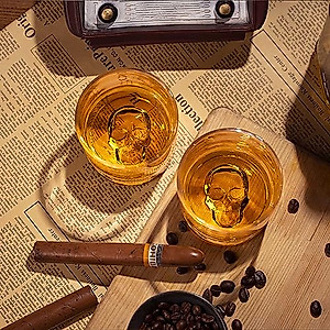 Skull Whiskey Rocks Glass, Crystal Bourbon Glasses Set of 2 In Gift Box - 10 Oz Old Fashioned Glasses for Scotch Cocktail Rum Cognac Vodka Liquor, Halloween, Christmas,Thanksgiving Gifts for Men