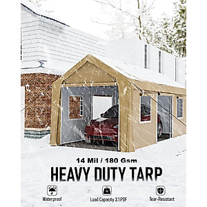DEXSO Carport 10'x20' Heavy Duty Portable Garage, 1.0 mm Steel Poles & 180 g PE Waterproof Canopy, with Front & Rear Doors, 2 Side Doors, and 4 Windows, for Pickup Truck, and Boat, Khaki