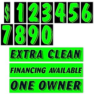VERSA-TAGS 7.5" Black/Green Vinyl Number Decals 11 Dozen Set Windshield Pricing & 1 Pack of Each of Extra Clean, Financing Available, One Owner 14.5" x 2.75" Sticker Windshield Decal Auto Dealership