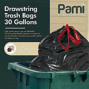 PAMI Large 30-Gallon Drawstring Trash Bags [20-Pack, Black] - Multipurpose Extra-Strong Plastic Garbage Bags- Thick Unscented Trash Can Liners For Kitchen, Bathroom, Lawn, Outdoor Bins- 2ft x2ft