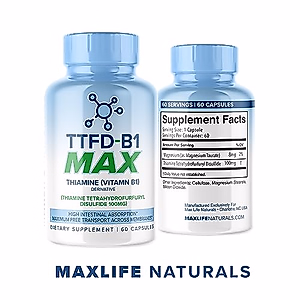 TTFD - B1 Max - Thiamine Vitamin B1 TTFD - 100mg - (Thiamine Tetrahydrofurfuryl Disulfide) Thiamine MAX, 60 Capsules by MAXLIFE NATURALS.