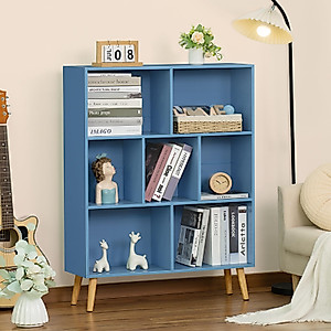 YAHARBO 7 Cube Bookshelf, Blue Kids Book Shelf with Cubby Storage,Wooden Modern Bookcase with Legs,3 Tier Freestanding Display Book Case,Children Toy Organizer,Bookshelves for Office,Nursery,Playroom