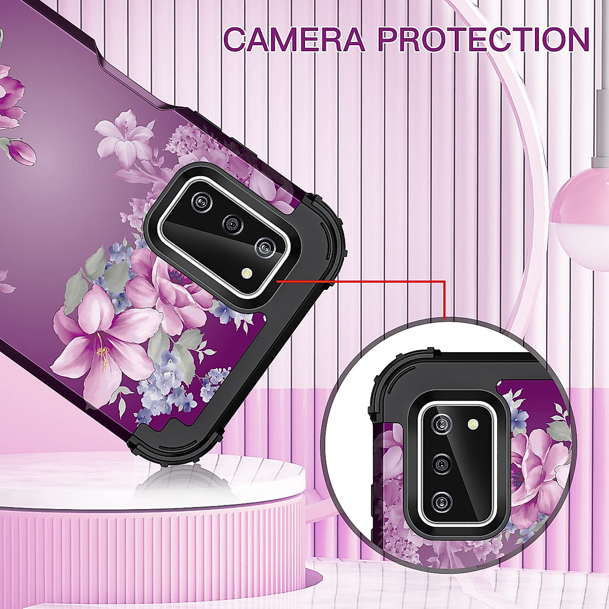 LONTECT for Galaxy A03S Case Floral Shockproof Rugged Heavy Duty 3 in 1 Hybrid Sturdy High Impact Protective Cover Case for Samsung Galaxy A03S 6.5 inch,Purple Flower/Black