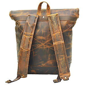 Satchel And Fable Men Leather Vintage Roll on Laptop Backpack Rucksack Bag Brown