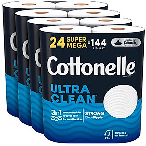Cottonelle Ultra Clean Toilet Paper, 1-Ply, Strong Toilet Tissue, 24 Super Mega Rolls (4 Packs of 6) (24 Super Mega Rolls = 144 Regular Rolls), 468 Sheets per Roll, Packaging May Vary