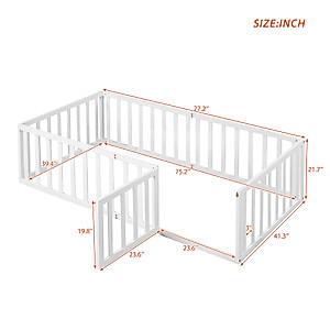 P PURLOVE Twin Size Floor Bed Frame for Kids, Wood Montessori Floor Beds with Fence Rail for Boys Girls,(White,Twin Bed