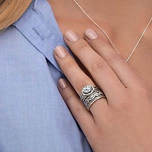 925 Sterling Silver Ring with White Cubic Zirconia Oval Shape Prong Multiple Bands Rich Stack Look Hypoallergenic, Nickel and Lead-free, Artisan Handcrafted Designer collection, Made In Israel