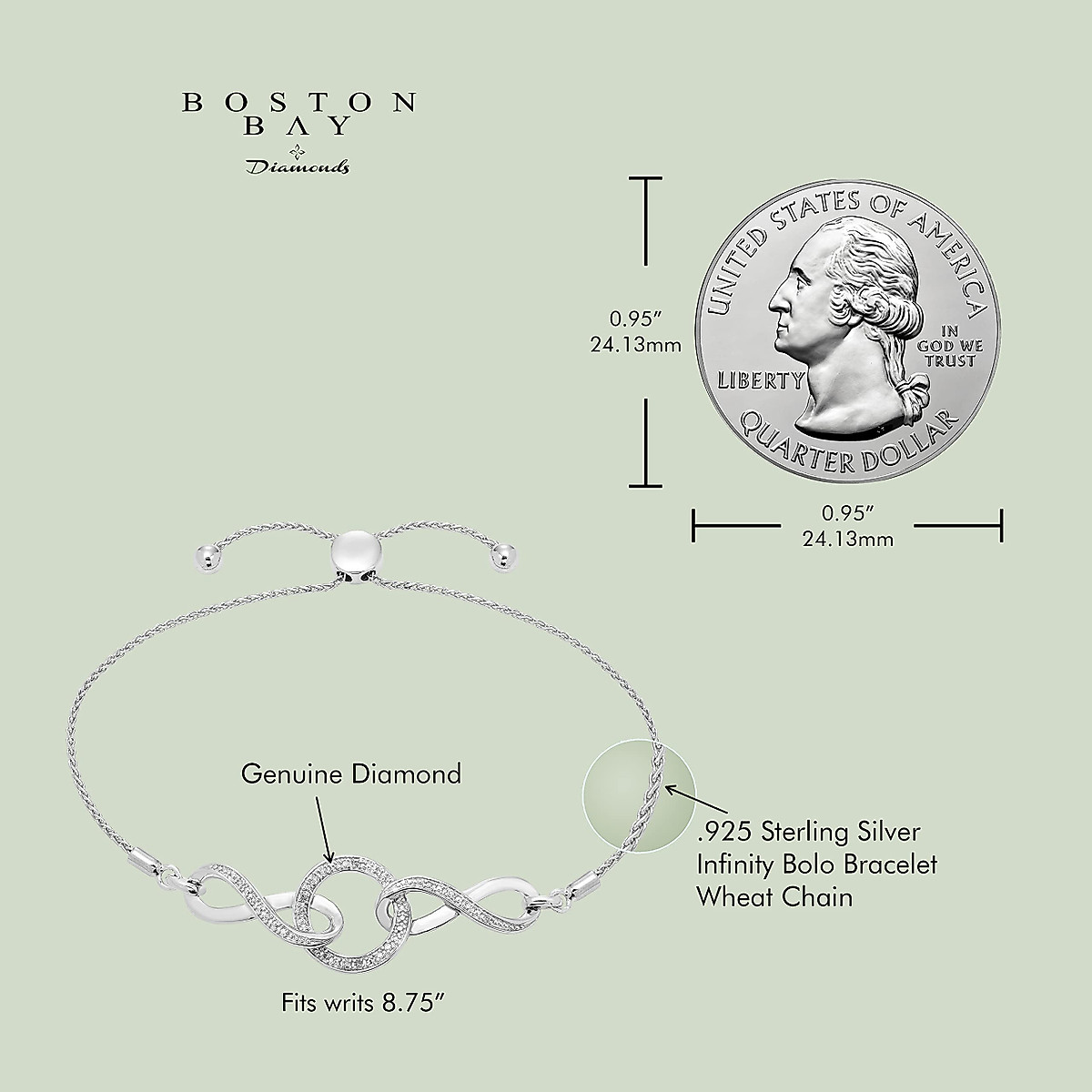 .925 Sterling Silver 1/10 Cttw Diamond Infinity Bolo Bracelet (G-H Color, I2-I3 Clarity) - 8-3/4"