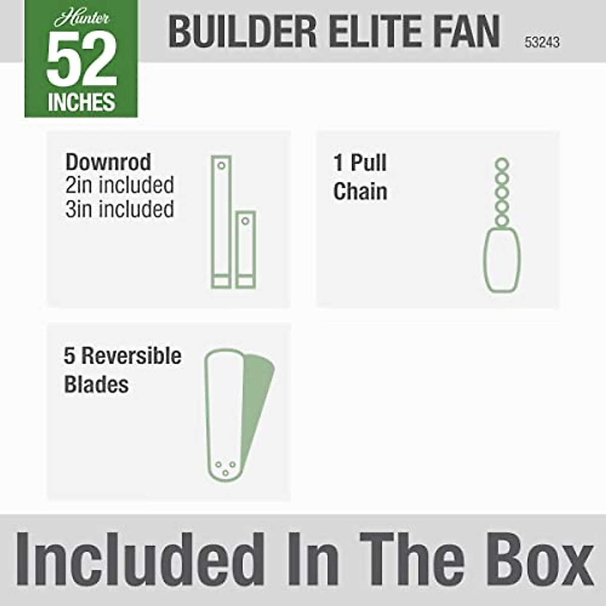 Hunter Fan Company 53243 Builder Elite Indoor Ceiling Fan with Pull Chain Control, 52", Matte Black