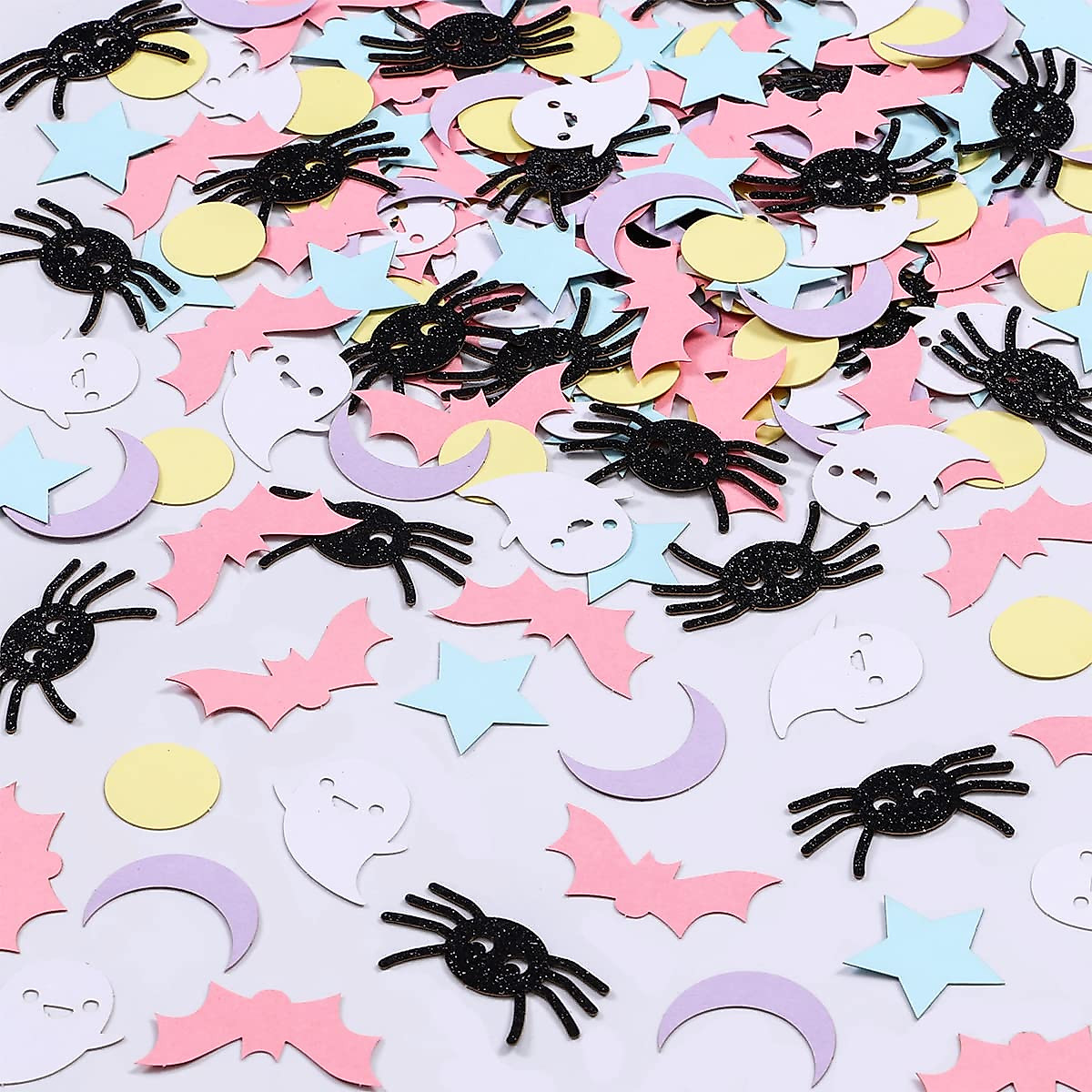 200PCS Halloween Party Confetti for Boys Girls - Pink Teal Black Table Scatter Confetti with Ghost Moon Bat Spider Star Circle Dots for Kids’ Halloween Theme Birthday Party Baby Shower Decor Supplies
