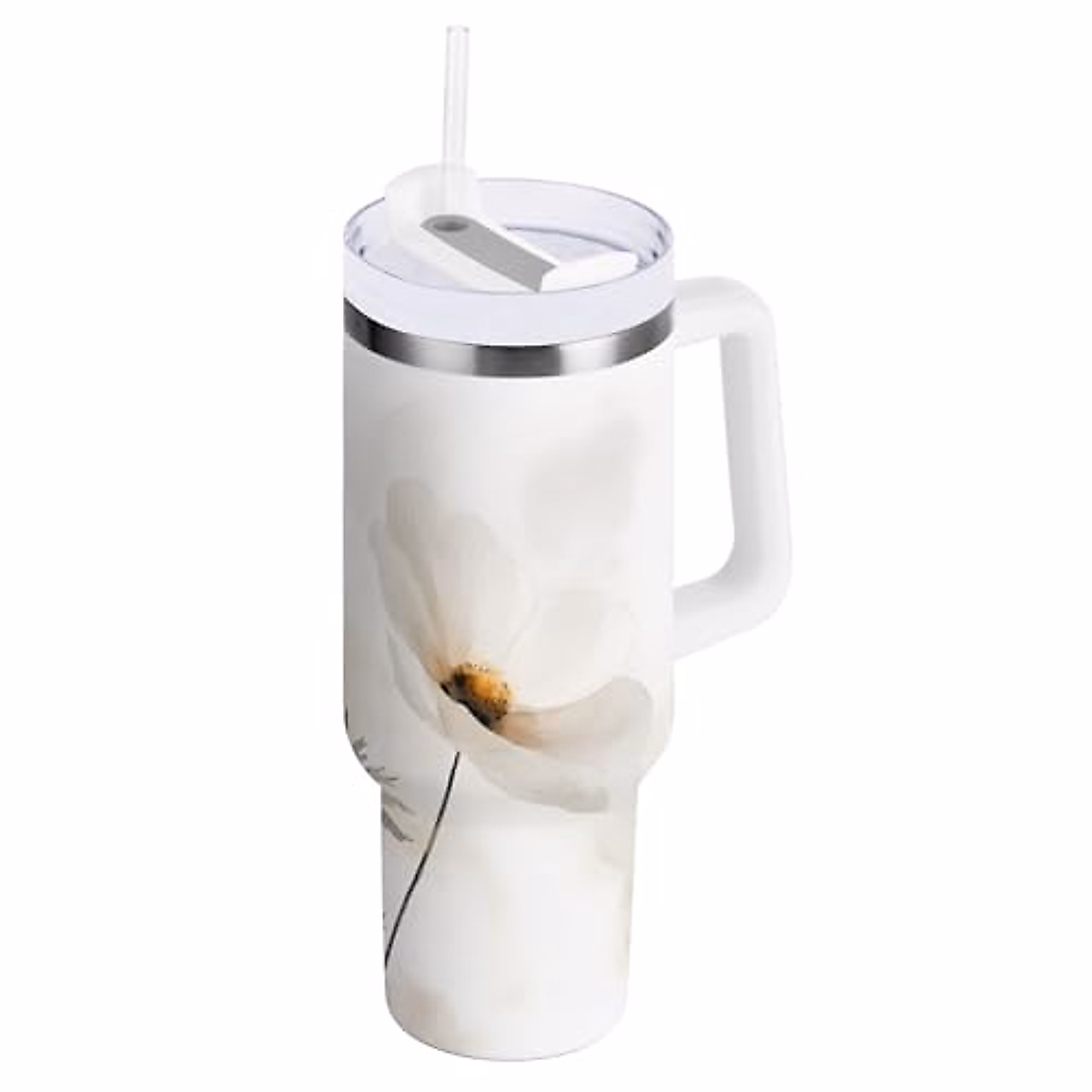 Jihqo Watercolor White Flowers 40 oz Stainless Steel Vacuum Insulated Tumbler with Handle and Straw Lid, Leakproof Water Bottle Double Wall Travel Mug Coffee Cup, Cupholder Friendly