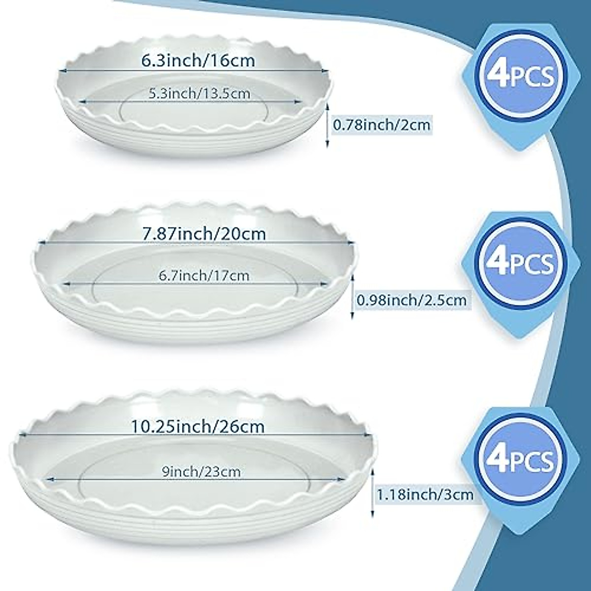 FIREBOOMOON 12 Pack Plastic White Round Wave Plant Saucer,Durable Heavy Duty Flower Plant Pot Drip Tray Container for Home Garden Indoor and Out Door Plant (6 Inch/8 Inch/10 Inch)