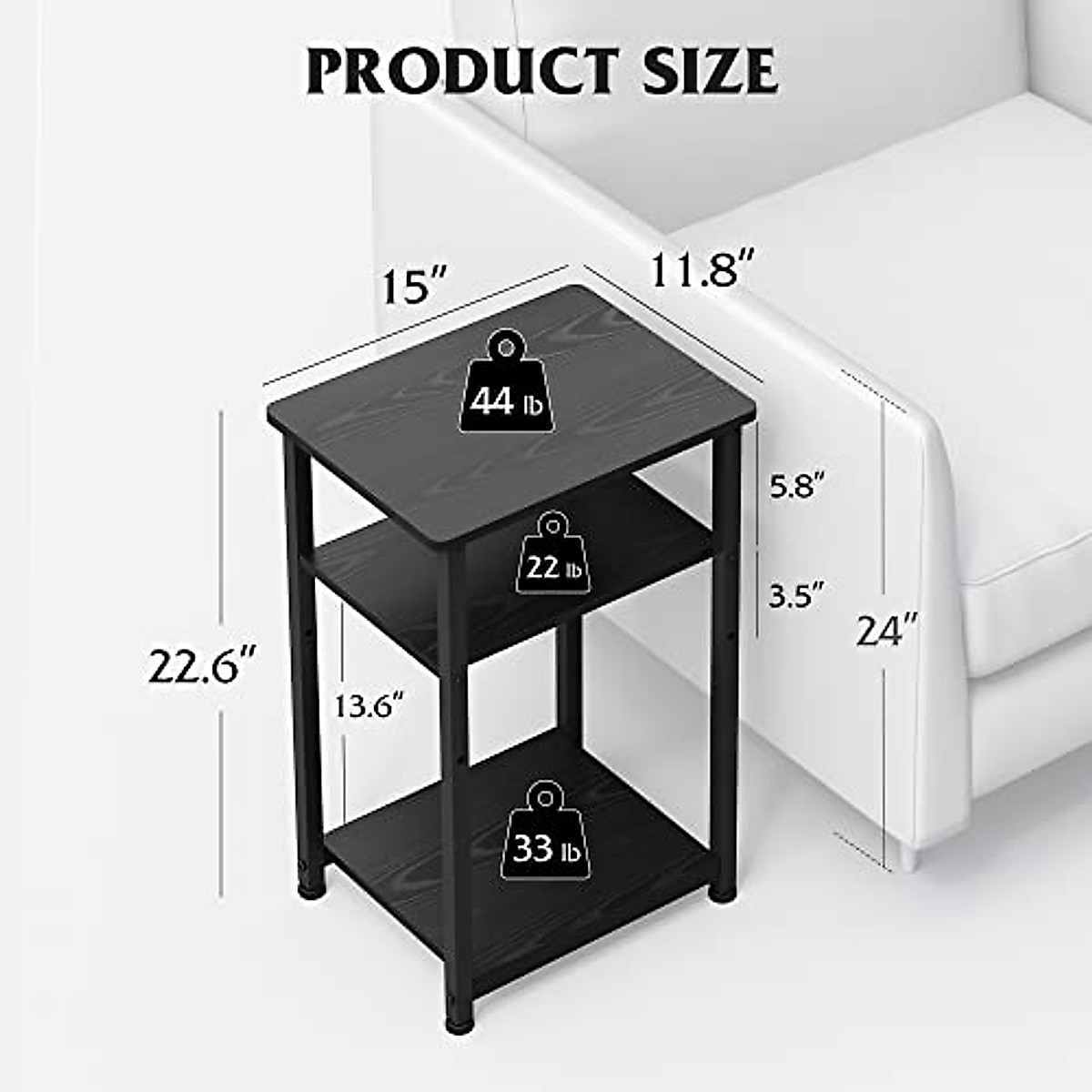 WLIVE Side Table, Small End Table, Adjustable 3-Tier Bedside Table with Sturdy Metal Frame, Tall Nightstand for Bedroom, Living Room, Sofa Table for Small Space (Black, 1 Pack)