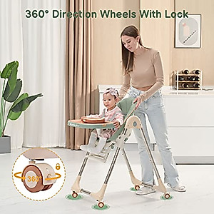 Ezebaby Baby High Chair, Portable High Chair with Adjustable Heigh and Recline, Foldable High Chair for Babies and Toddler with 4 Wheels, High Chair for Toddlers with Removable Tray-(Green)