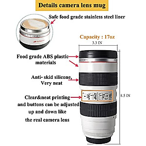 THUMB UP Camera Lens Coffee Mug,Camera Lens Mug,Fun Photo Coffee Mugs Stainless Steel Lens Mug Thermos Great Gifts for Photographers,Home Supplies,Friends,School Rewards (White)