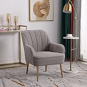 Goujxcy Teddy Barrel Chair Accent Armchair with Golden Legs for Living Room Bedroom Home Office, Tufted Back Club Chair (Grey2)