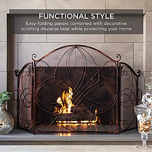 Best Choice Products 3-Panel 55x33in Solid Wrought Iron See-Through Metal Fireplace Screen, Spark Guard Safety Protector w/Decorative Scroll - Copper