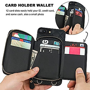 Bocasal Crossbody Wallet Case for iPhone 7/8 Plus, RFID Blocking PU Leather Zipper Handbag Purse Flip Cover, Kickstand Folio Case with Card Slots Holder Wrist Strap Lanyard 5.5 Inch (Black)