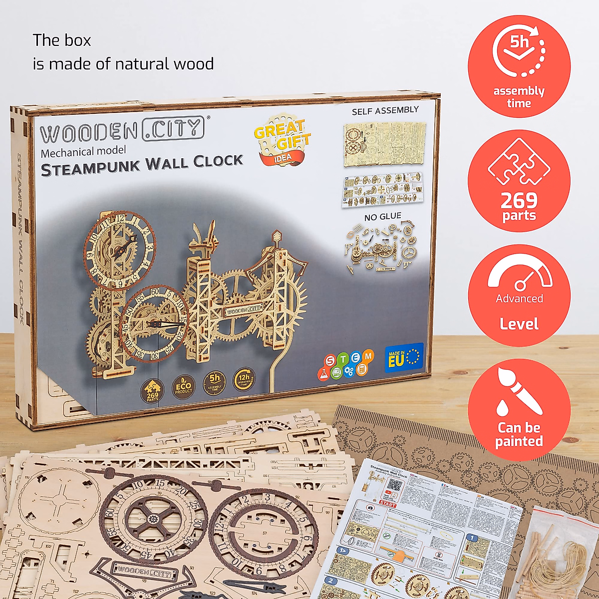 WOODEN.CITY 3D Puzzles for Adults - Steampunk Mechanical 3D Clock Puzzle - Making Kit - Wooden Clock Puzzle Model Kits for Adults - Wall Clock Decorative