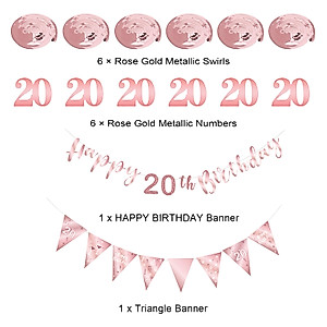 BRT Bearingshui 20th Birthday Decoration Kit for Women, Happy 20th Birthday Banner Bunting Swirls Streamers, Triangle Flag Banner for Birthday Party Decorations Supplies Rose Gold 20th