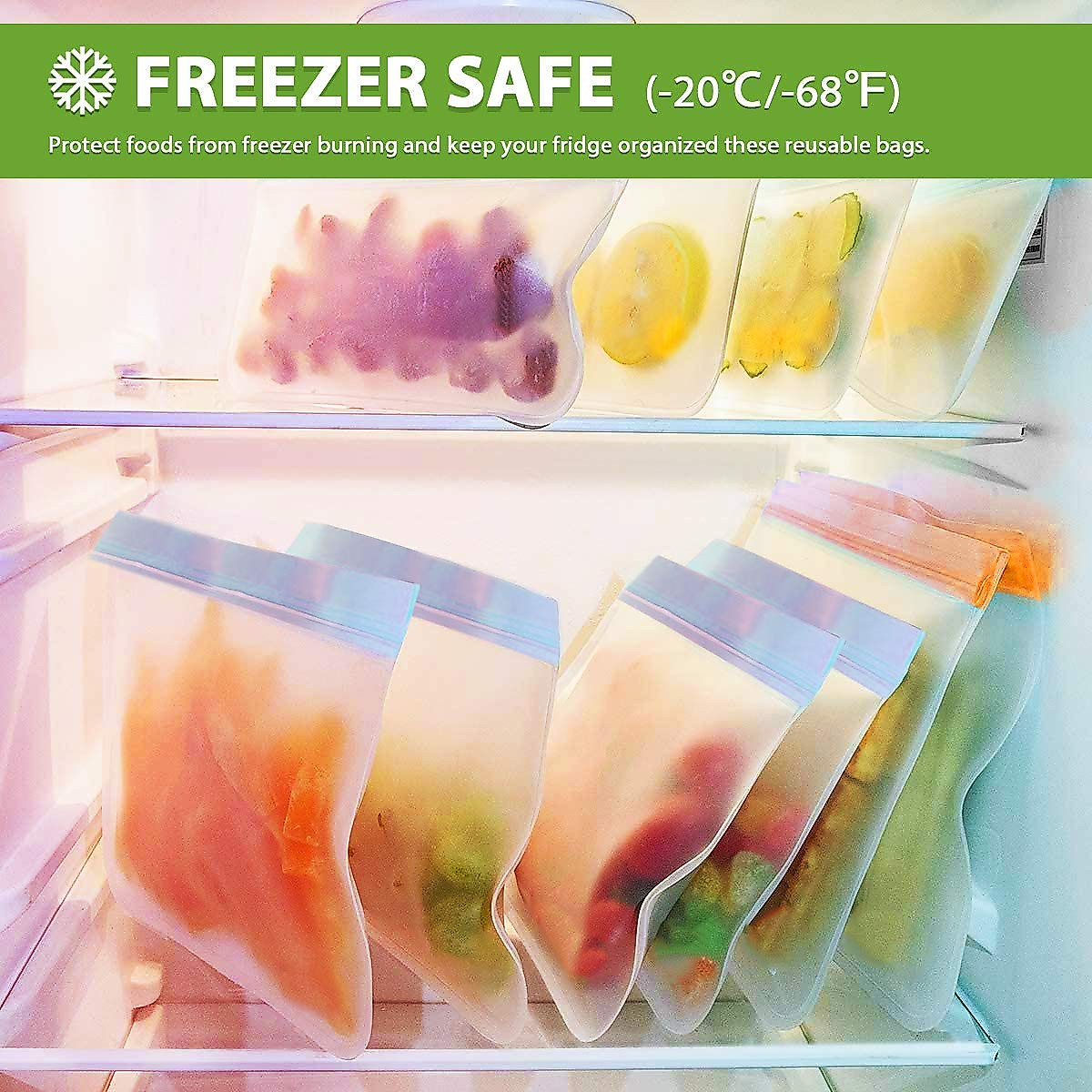 12Pack Reusable Storage Bags with Drying Rack, BPA Free PEVA Reusable Freezer Bags,Reusable Gallon Bags, Reusable Sandwich Bags, Silicone Food Bags for Women, Men and Kids