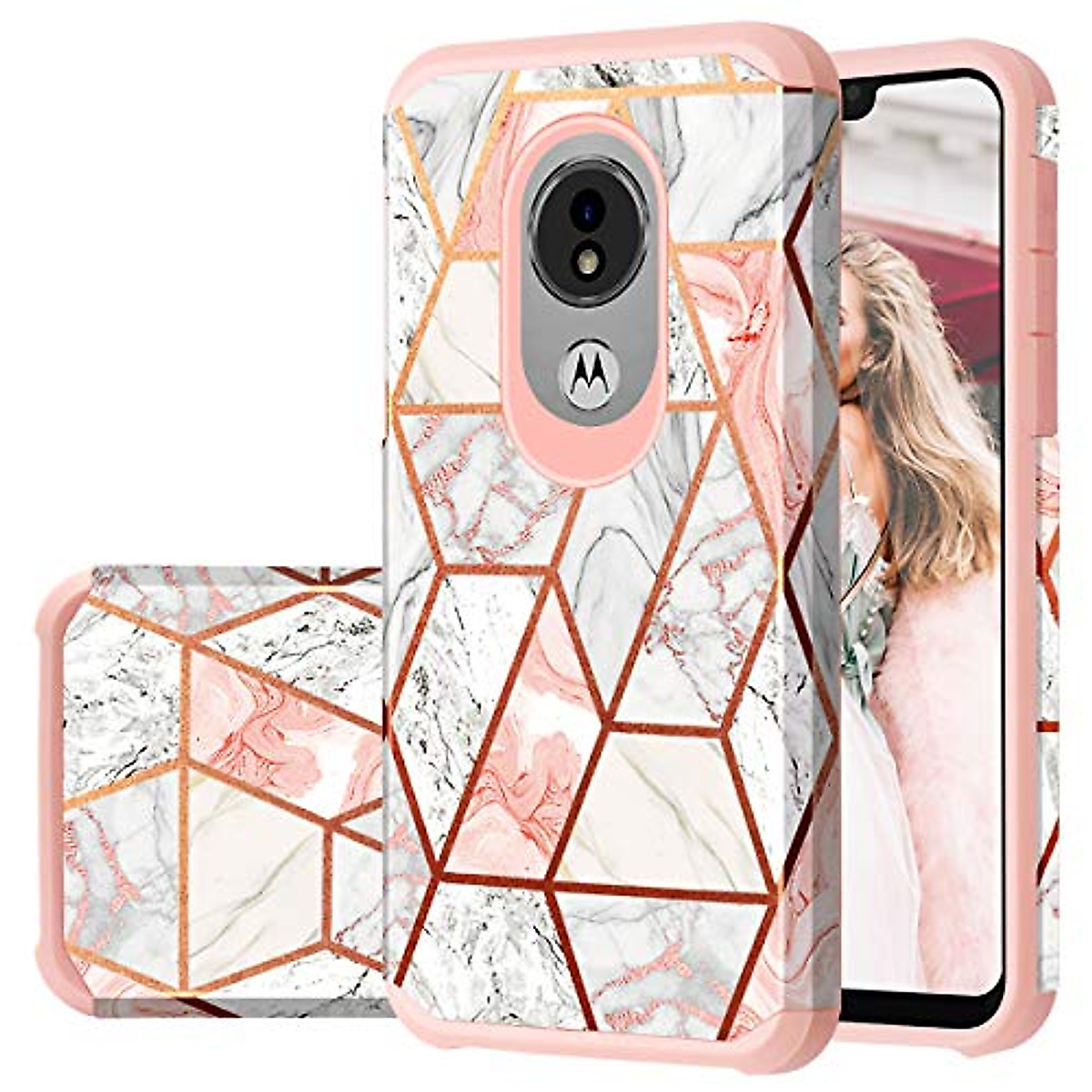 Fingic Case for Moto G7 Power, Case for Moto G7 Supra, Case for Moto G7 Optimo Maxx, Rose Gold Marble Design Shiny Glitter Bumper Hybrid Hard PC Soft Silicone Anti-Scratch Shockproof Protective Case