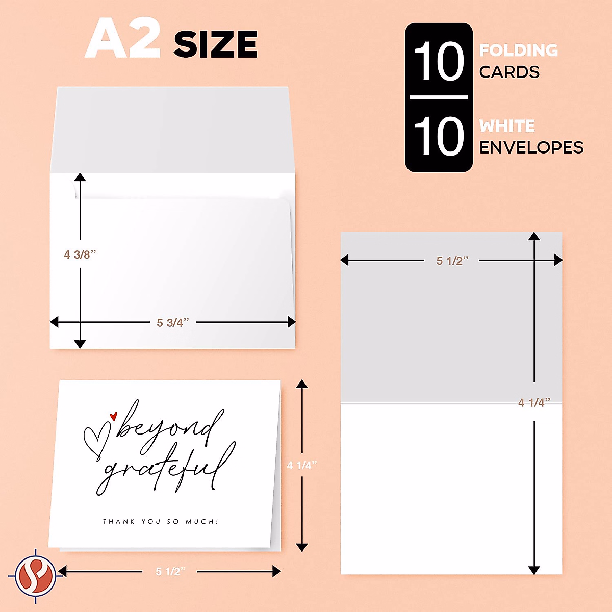 Beyond Grateful – Thank You So Very Much! w/Small Red Heart – Elegant Greeting Cards for Wedding, Christmas, Valentine’s, Bridal Shower, Anniversary – Blank Inside | 4.25 x 5.5” | 10 per Pack