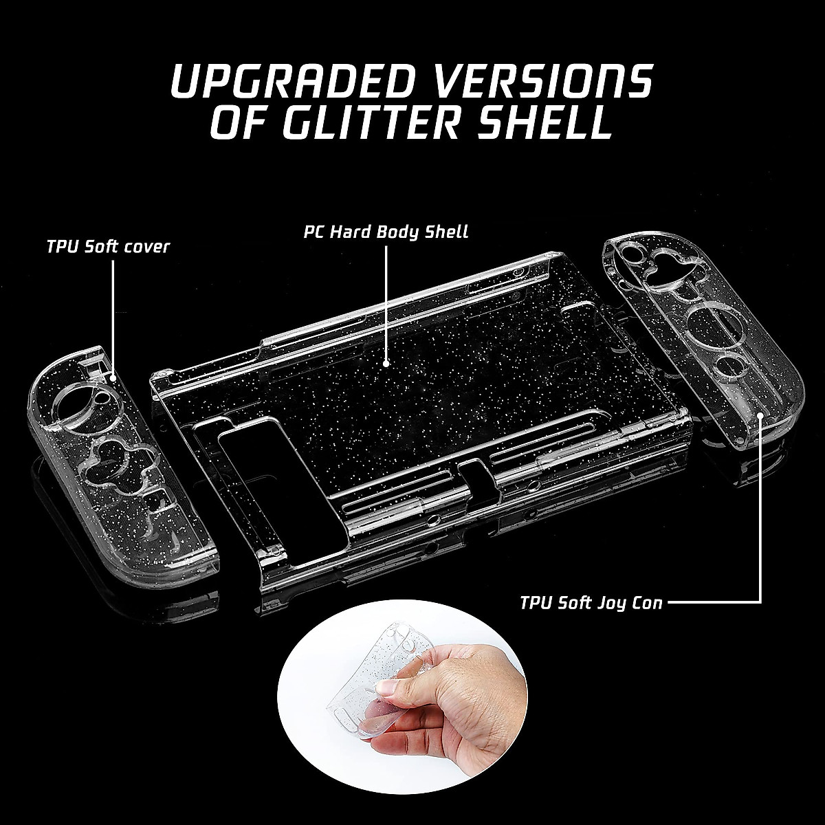 FANPL Glitter Clear Case for Nintendo Switch, TPU Silicone Soft Shell Dockable Protective Case Cover for Switch and Joy Con Controller with 2 Bling Thumb Grips (Transparent)