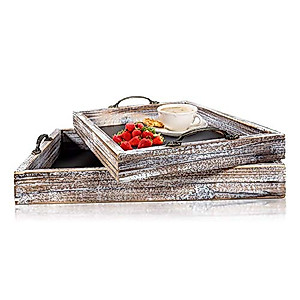 Serving Trays – Rustic Nesting Serving Trays with Chalkboard Surface and Decorative Handles – Charcuterie Tray for Coffee Table – Set of 2 Stackable Wood Serving Trays – Vintage Design