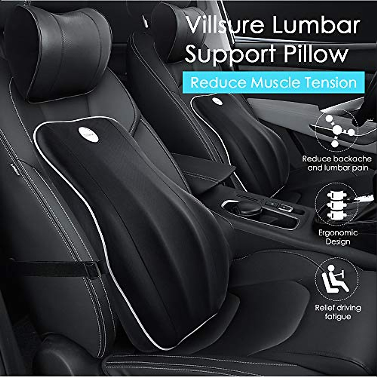 Villsure Lumbar Support Pillow, Memory Foam Back Cushion for Lower Back Pain Relief with Adjustable Elastic Belt, Ergonomic Lumbar Pillow with Breathable Cover for Office Chair/Car Seat/Wheelchair