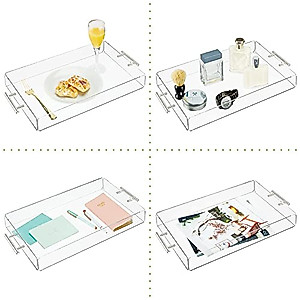 mDesign Modern Acrylic Rectangular Serving Tray with Handles for Food, Tea, Coffee, Breakfast, Snacks, Cheese, Appetizers - Use in Kitchen, Bathroom, Office - Small, 2 Pack - Clear/Stainless Steel
