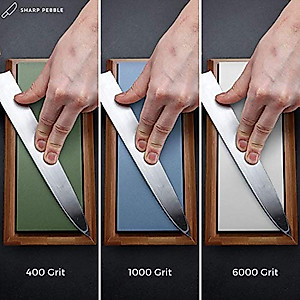 Sharp Pebble Knife Sharpening Stones Kit -Grits 400/1000/6000 Extra Large Whetstone- Wet Stone Knives Sharpener Set with NonSlip Bamboo Base & Flattening Stone