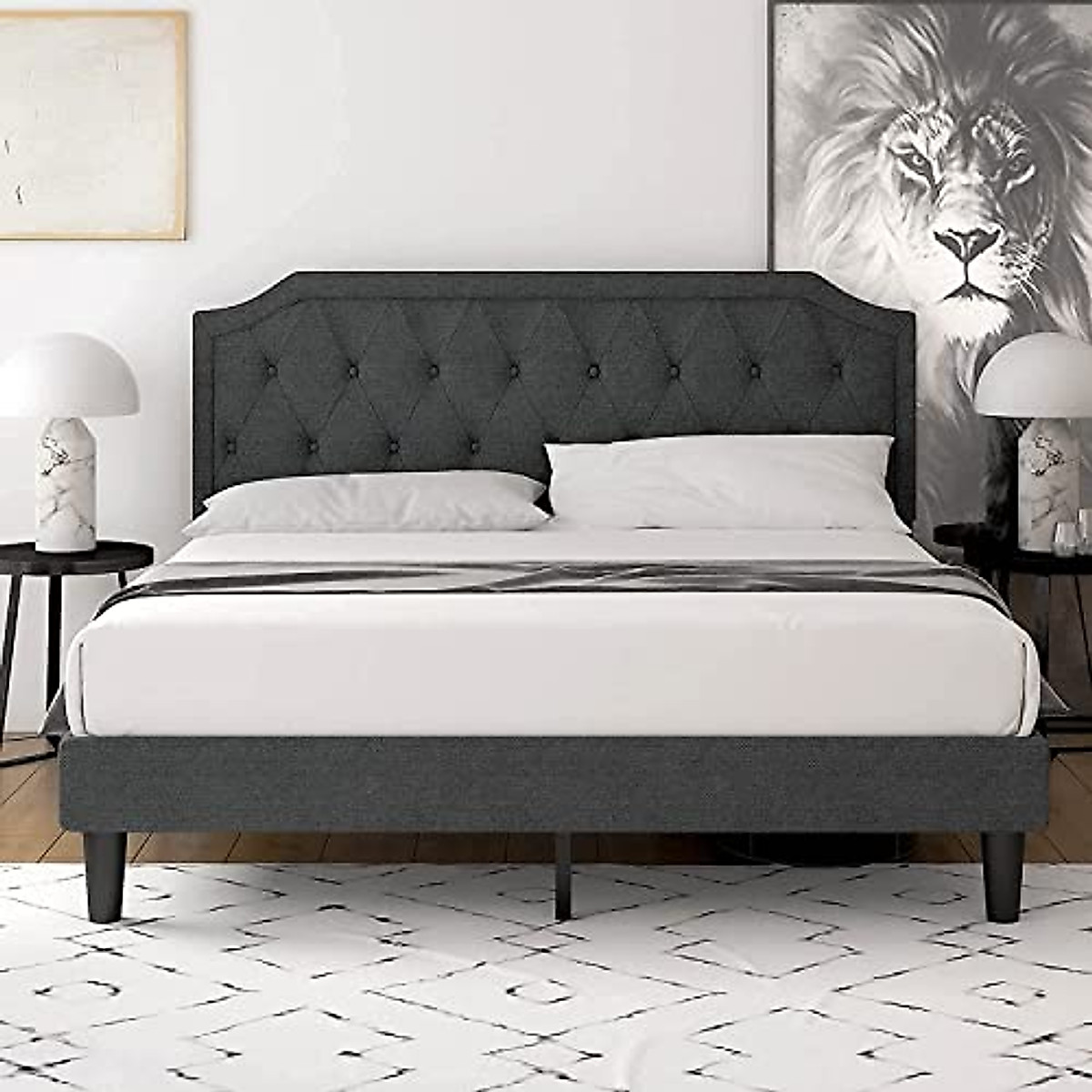Einfach Queen Size Bed Frame, Upholstered Platform Bed with Strong Wood Slats Support, No Box Spring Needed, Easy Assembly, Dark Grey