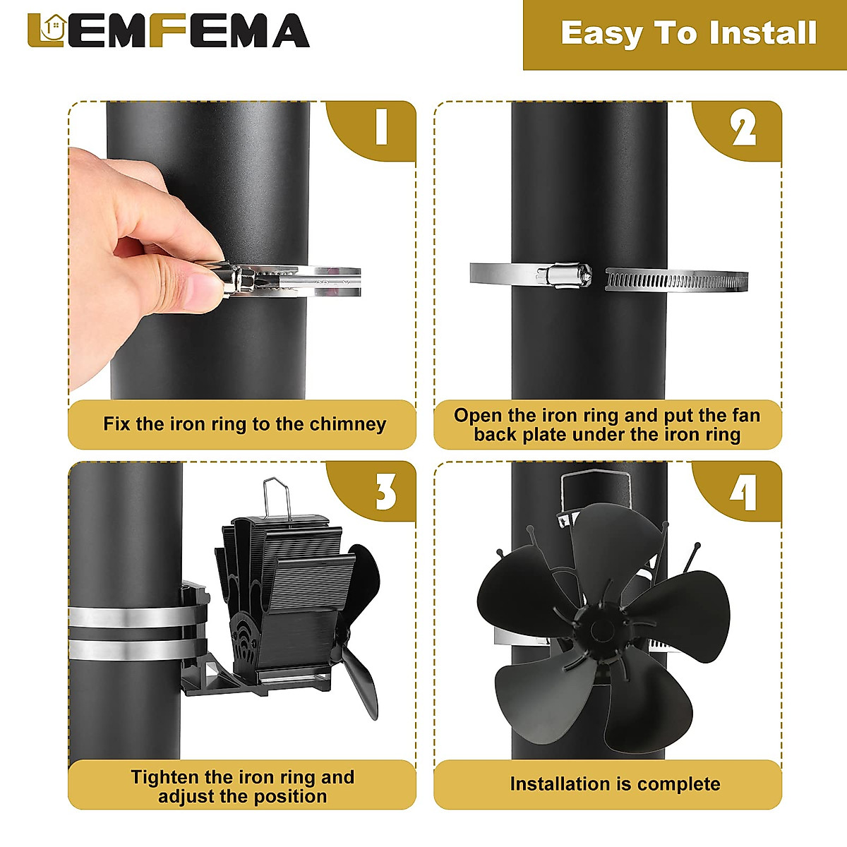 Lemfema Heat Powered 5 Blades Stove Fan, Flue Pipe Hanging Fireplace Fan for for Wood/Log Burner/Fireplace, Silent Indoor Stove Fan with Magnetic Thermomete
