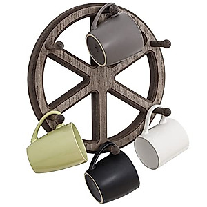 MyGift Wall Mounted Coffee Mug Holder Rack with Helm Shaped Design, Brown Solid Wood Hanging Cup Storage Rack with 6 Hooks