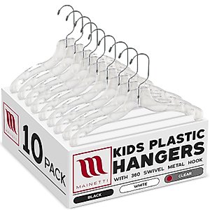 Mainetti 5075 Clear Plastic Hangers - 10 Pack with 360 Swivel Metal Hook and Notches for Straps, Great for Children's Shirts/Tops/Dresses, 12 Inch