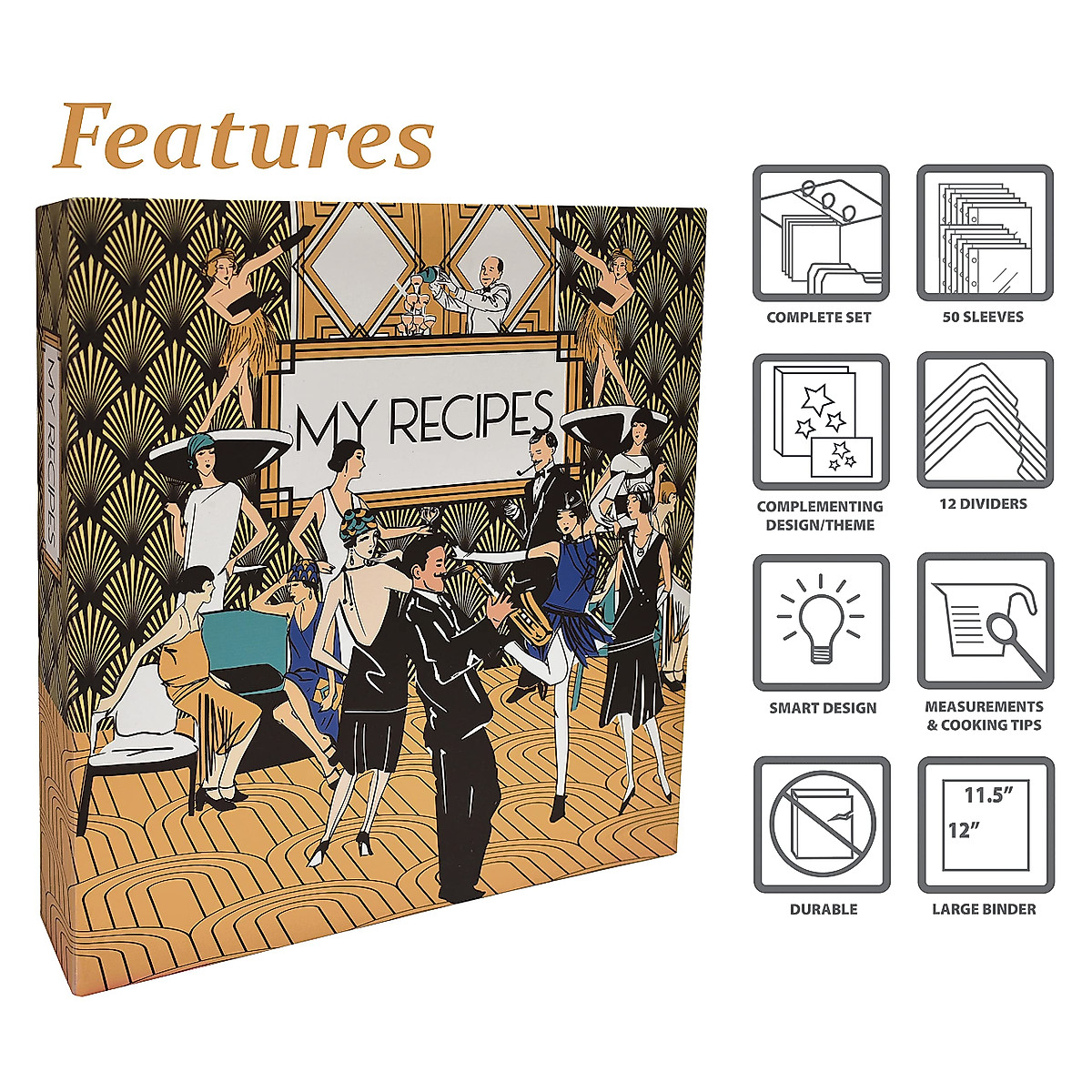 Better Kitchen Products Recipe Binder, Full Page 3 Ring Standard Binder Organizer Set (with 50 Page Protectors & 12 Category Divider Tabs) 11.5" x 12", Art Deco Roaring 20's Design