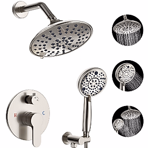 EMBATHER Shower Faucets Sets Complete, with 3 Setting High Pressure Shower Head Combo, Bathroom Wall Mounted Rainfall Shower System Fixtures with 8-Mode Handheld Spray, Brushed Nickel