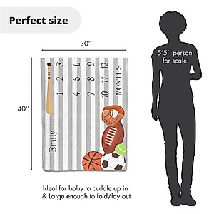 Yeshop Ball Sport Monthly Milestone Personalized Receiving Baby Blankets for Girls Boys Kids with Name,Customized Swaddle Blankets Gift for Newborn Crib Infants 30x40 Inches